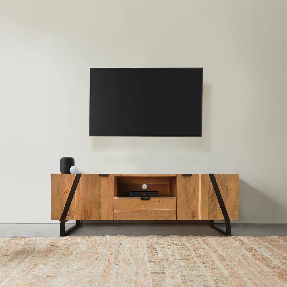 THE URBAN PORT Aza Natural Brown and Black Acacia Wood Handcrafted TV ...