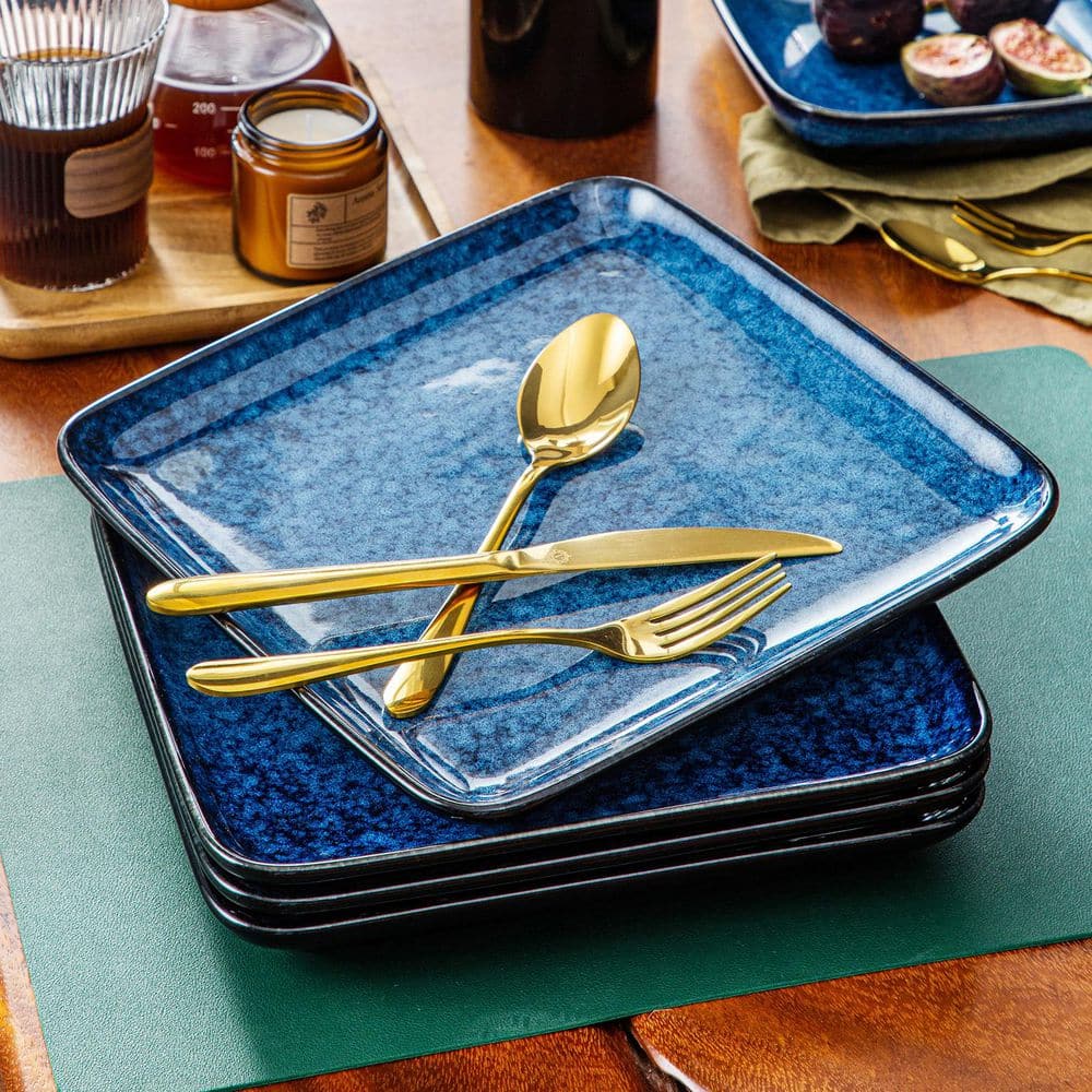 MALACASA 4-Piece 10.5 in. Blue Stoneware Dinner Plate Set Square Plate ...