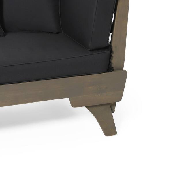 Noble House Otto Wood Outdoor Black and Gray Expandable Day Bed with Black Cushions 108754