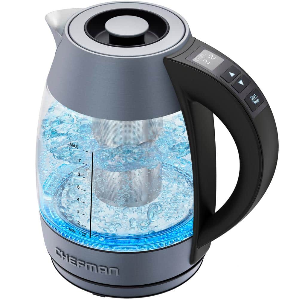 Chefman 7 Cup 1500-Watt Grey Electric Glass Kettle with Digital Controller and Rapid 3 Minute ...