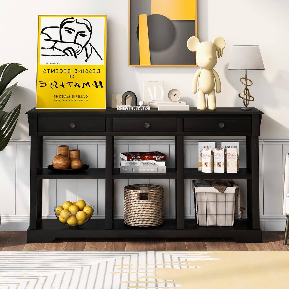 URTR 58 in.Black Rectangle Wood Console Table, Sideboard with Ample ...