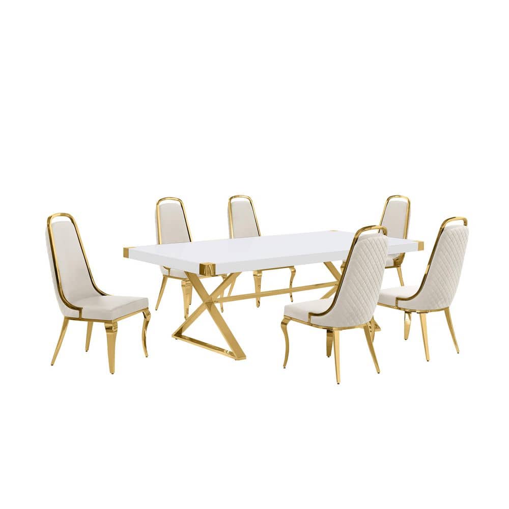 Best Quality Furniture Miguel 7-Piece Rectangle White Wood Top Gold ...