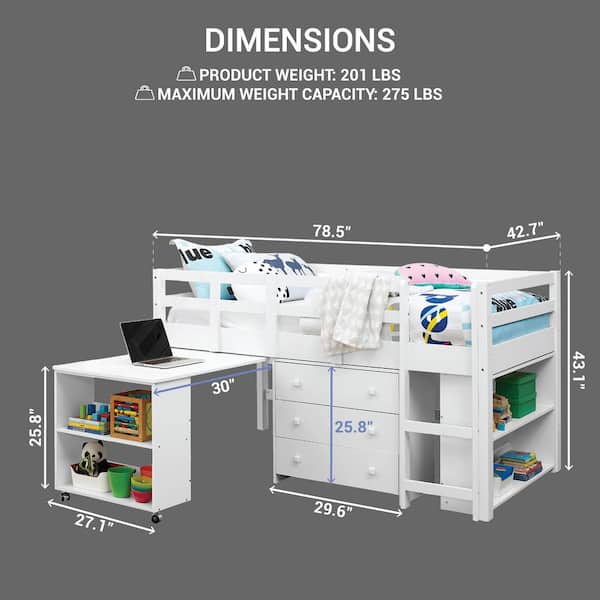 HOMESTOCK White Twin Loft Bed with Desk Low Study Kids Loft Bed Low Loft Bed with Desk Storage Cabinet Ladder Bookcase Shelf 82533