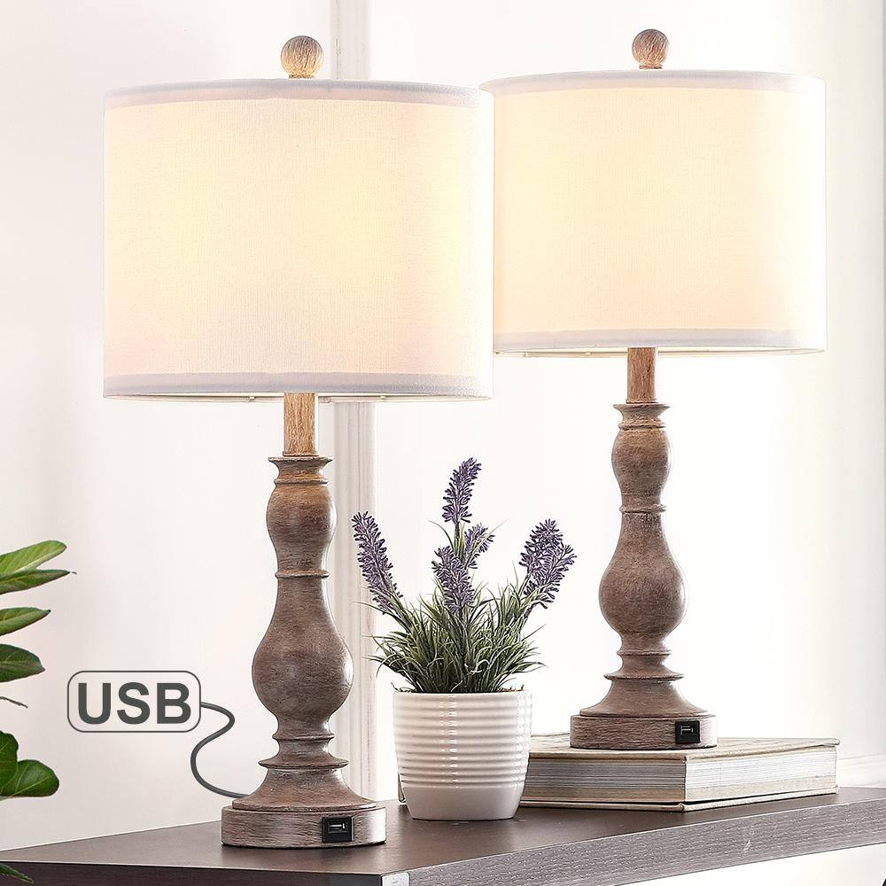 TRUE FINE 23 in. Wood Farmhouse Table Lamp with USB Port and White ...