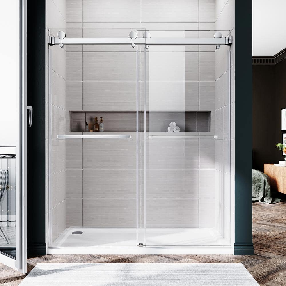 UNIKOO UKD01 56 to 60 in. W. x 72 in. H Double Sliding Frameless Shower Door in Chrome, Enduro ...
