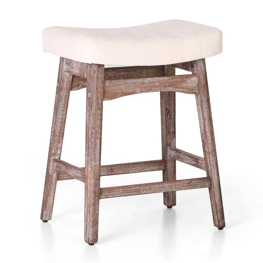 PHI VILLA 24 in. White Saddle Design Linen Fabric Bar Stool with Wood ...