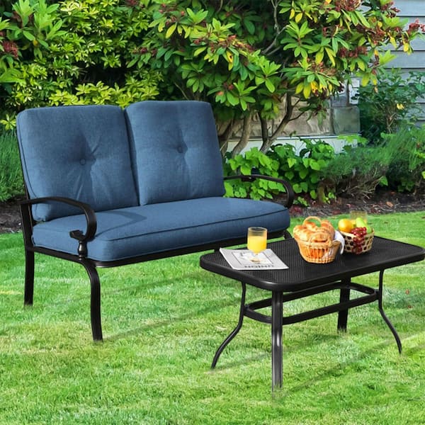 Kadehome 2-Piece Metal Frame Patio Conversation Set Loveseat Bench ...