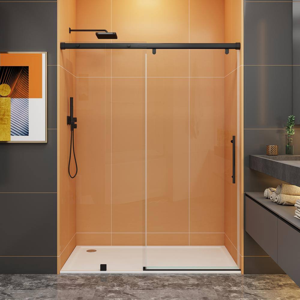 MCOCOD 60 in. W x 76 in. H Single Sliding Frameless Soft Close Shower Door in Matte Black with 3 ...