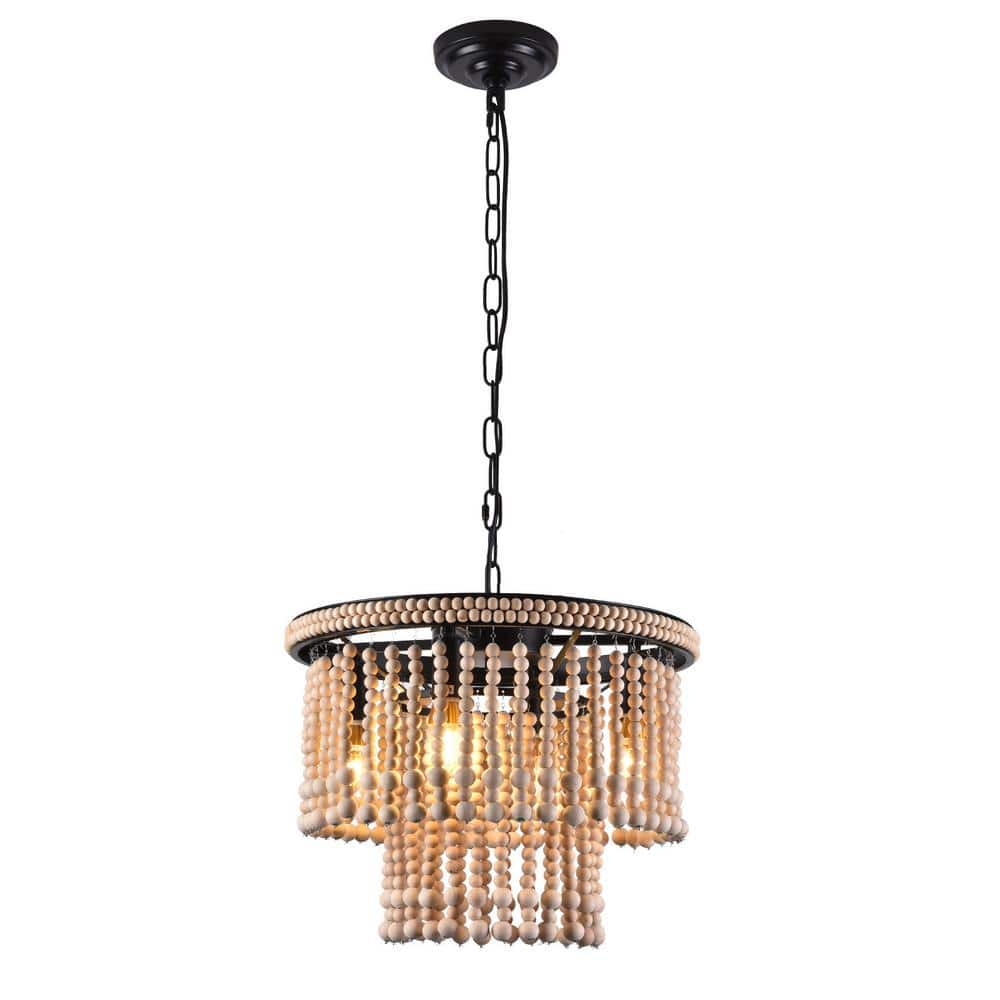 OUKANING 4-Light Beige Vintage Farmhouse Beaded Pendant Light with ...