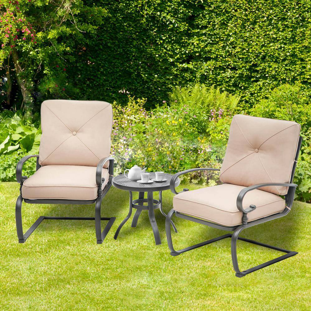Suncrown 3-Piece Spring Metal Outdoor Bistro Set With Brown Cushions ...