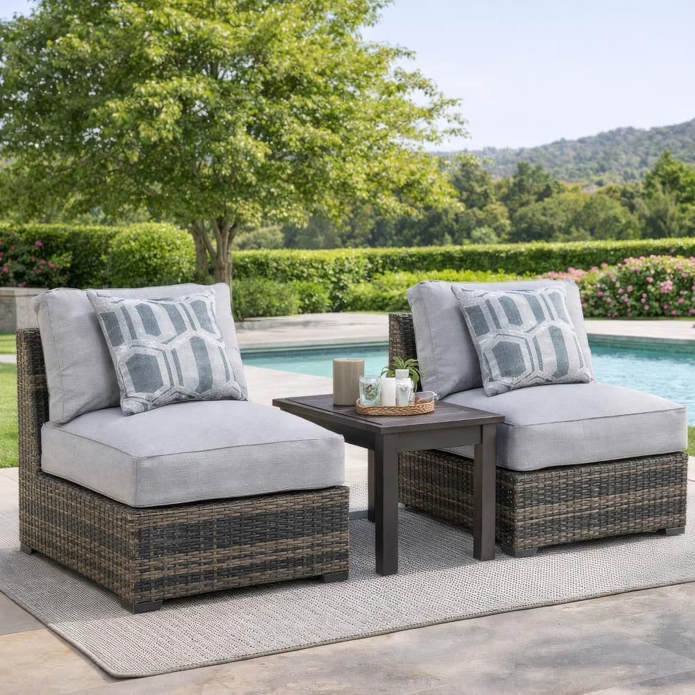 Benjara Saki Brown and Black Wicker Outdoor Armless Lounge Chair with ...