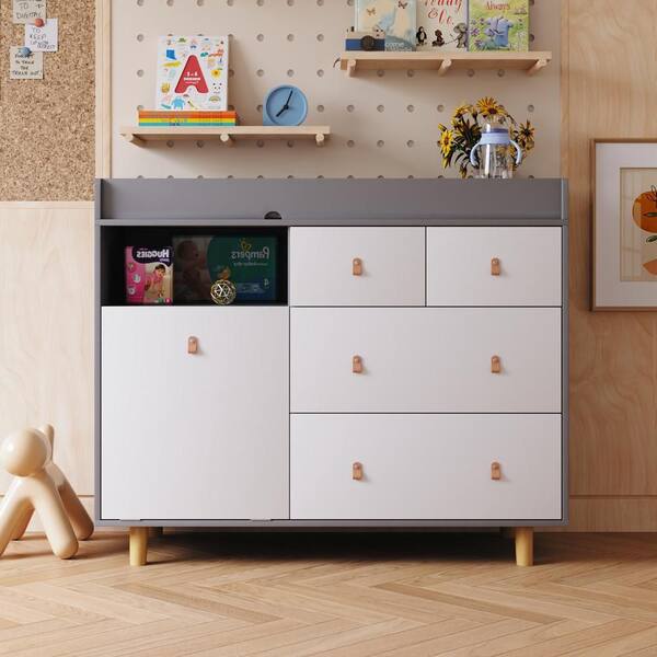 FUFU&GAGA Gray 5-Drawer 32.3 in. Wide Kids Dresser with Diaper Changing ...