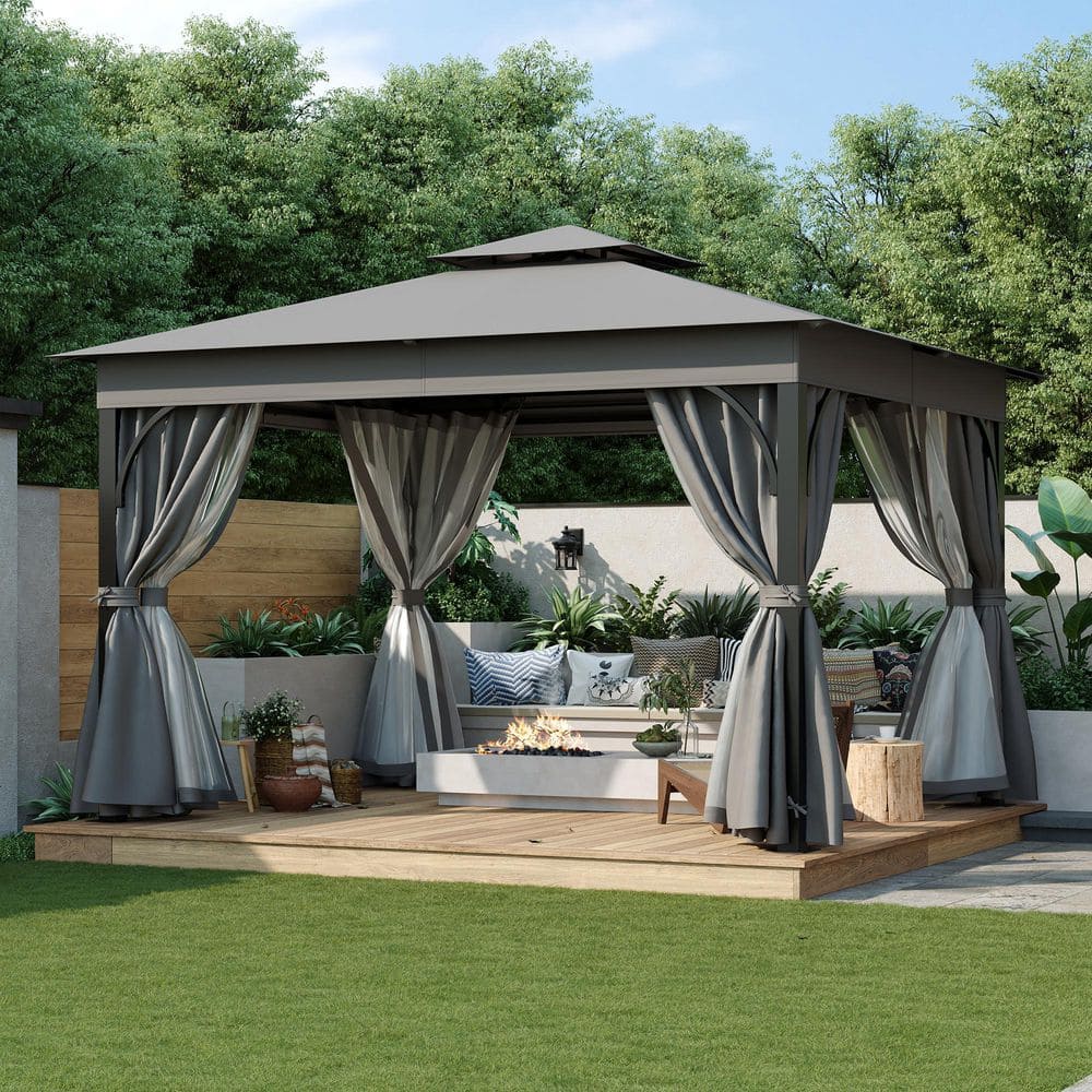 10 ft. x 12 ft. Gray Steel Frame Outdoor Gazebo with Dual-Roof, Patio ...
