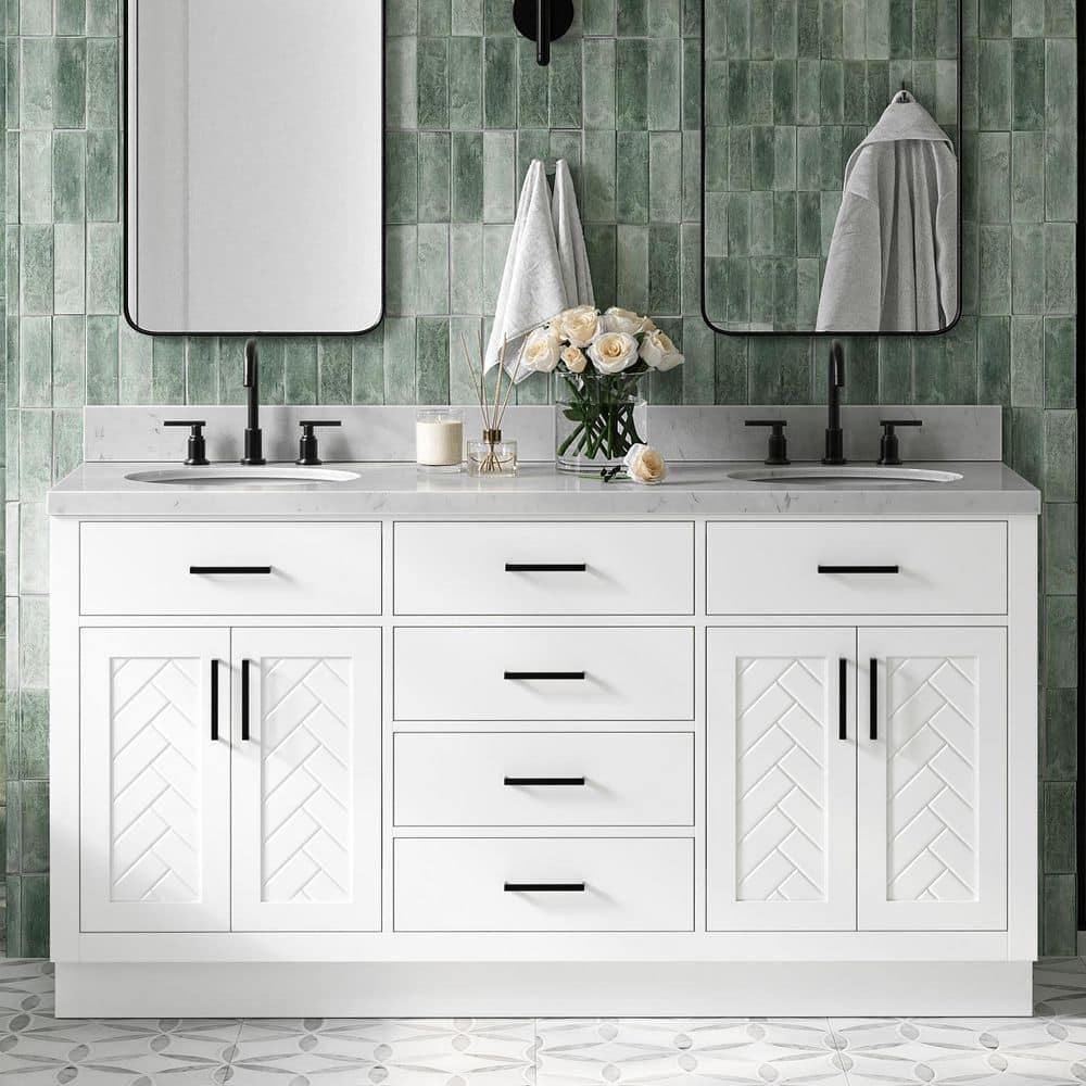 ARIEL Herringbone 66 in. Double Sink Freestanding Bath Vanity in White ...