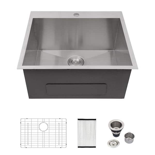 Logmey 25 in. Drop in Workstation Sink Single Bowl 16-Gauge Brushed ...
