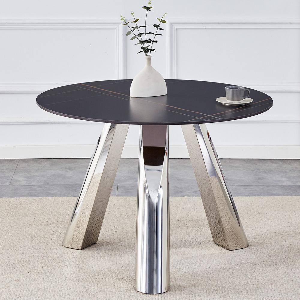 Polibi Black/Sliver 42 in. W Burnt Stone with Marble Texture 3-Legs ...