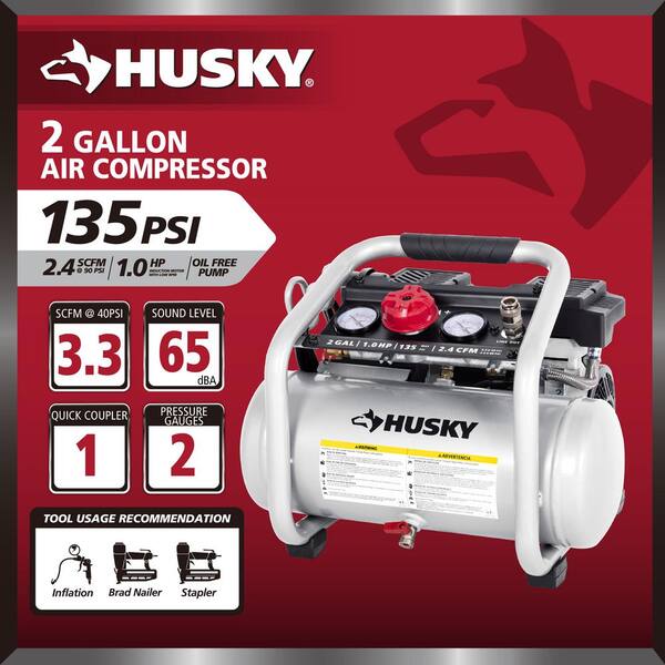 Husky 2 Gal. 135 PSI Portable Electric Oil-Free Quiet Jobsite Air ...