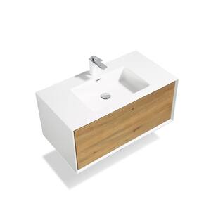 Afhocomp 55.12 in. Double Sink Floating F. Oak Bath Vanity with White ...