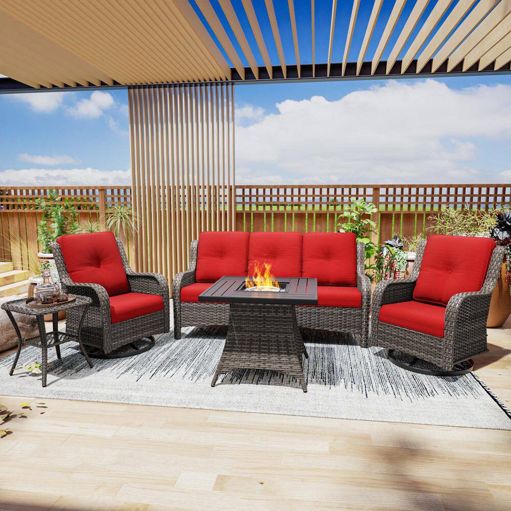 MeetLeisure 5-Piece Fire Pit Table Patio Sets Wicker Patio Conversation ...