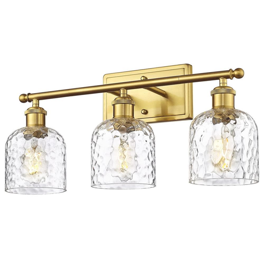 JAZAVA 21 in. 3-Light Brushed Gold Vanity Light with Hammered Glass ...