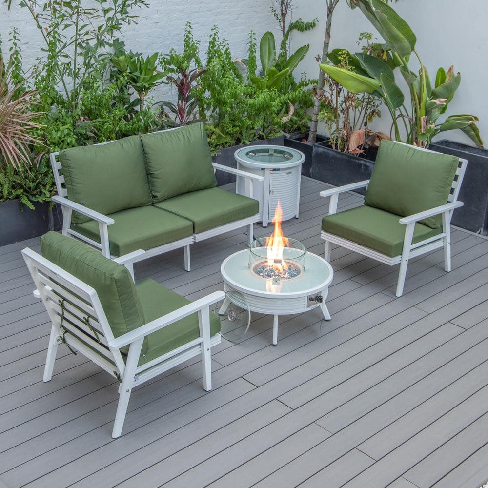Leisuremod Walbrooke White 5-Piece Aluminum Round Patio Fire Pit Set ...