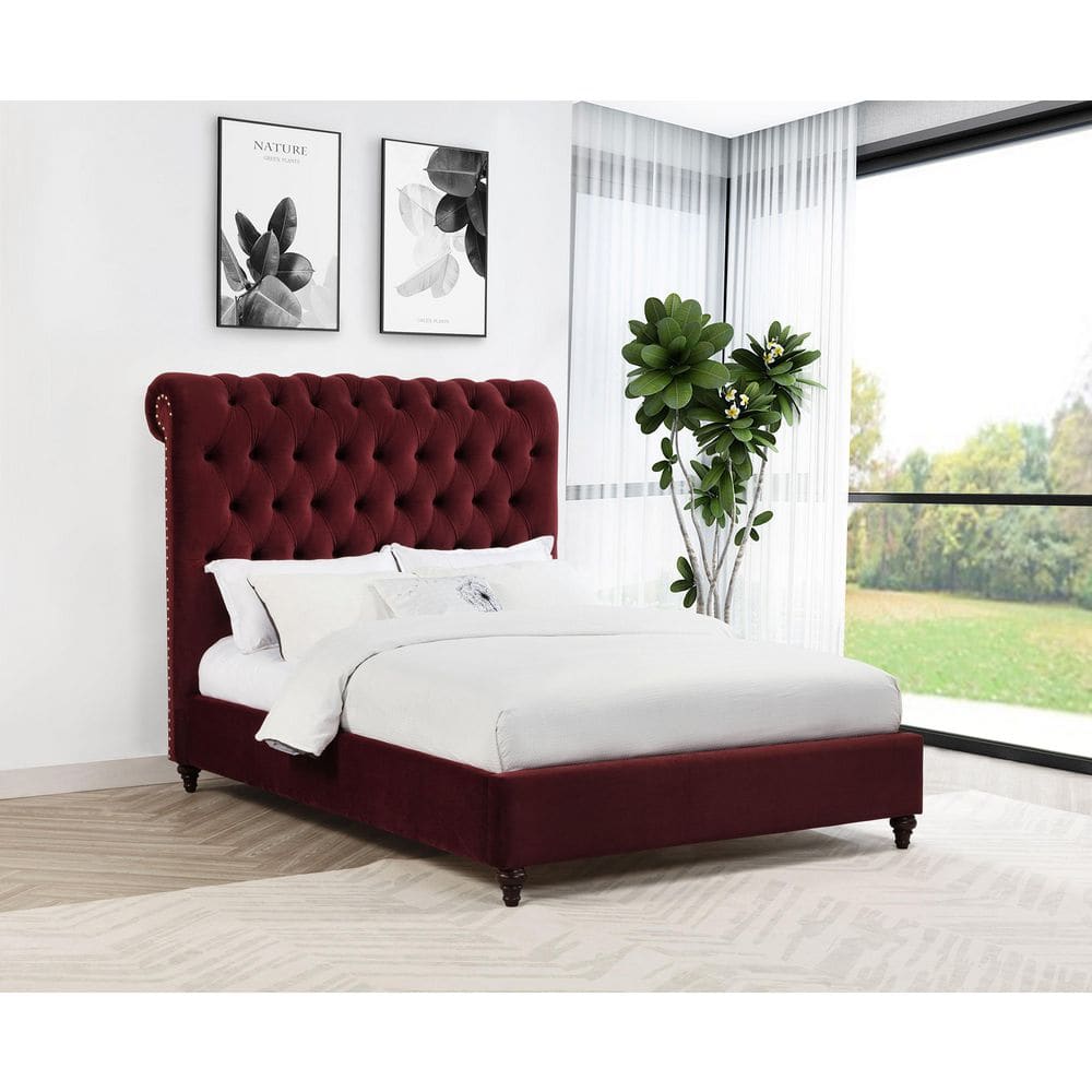 Coaster Devon Wine Red Wood Frame Upholstered Full Panel Bed with Tufted Rolled High Headboard ...