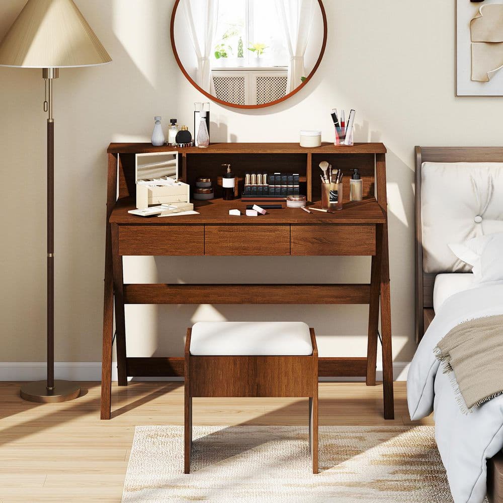 Gymax 44 in. Home Office Desk w/ 3-Drawers Built-in Monitor Stand ...