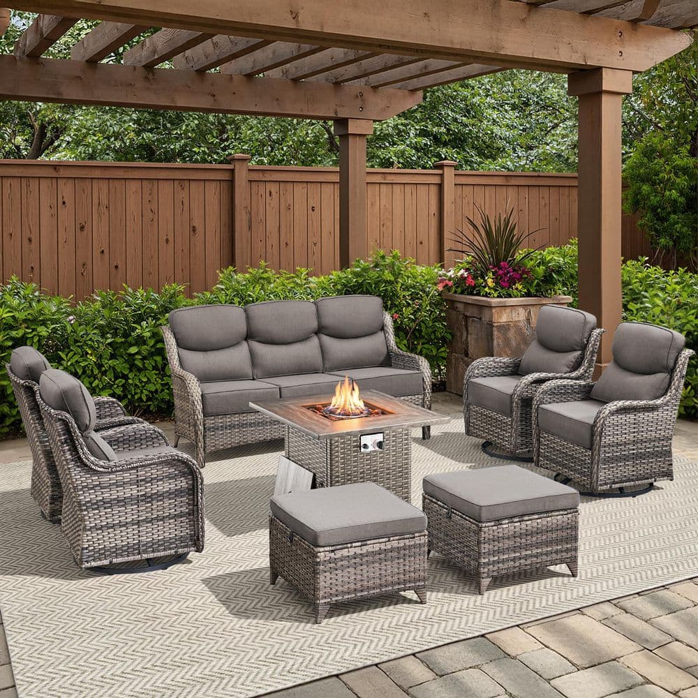 Opohoro Arcadia Gray 8-Piece Wicker Outdoor Patio Fire Pit Deep Seating ...