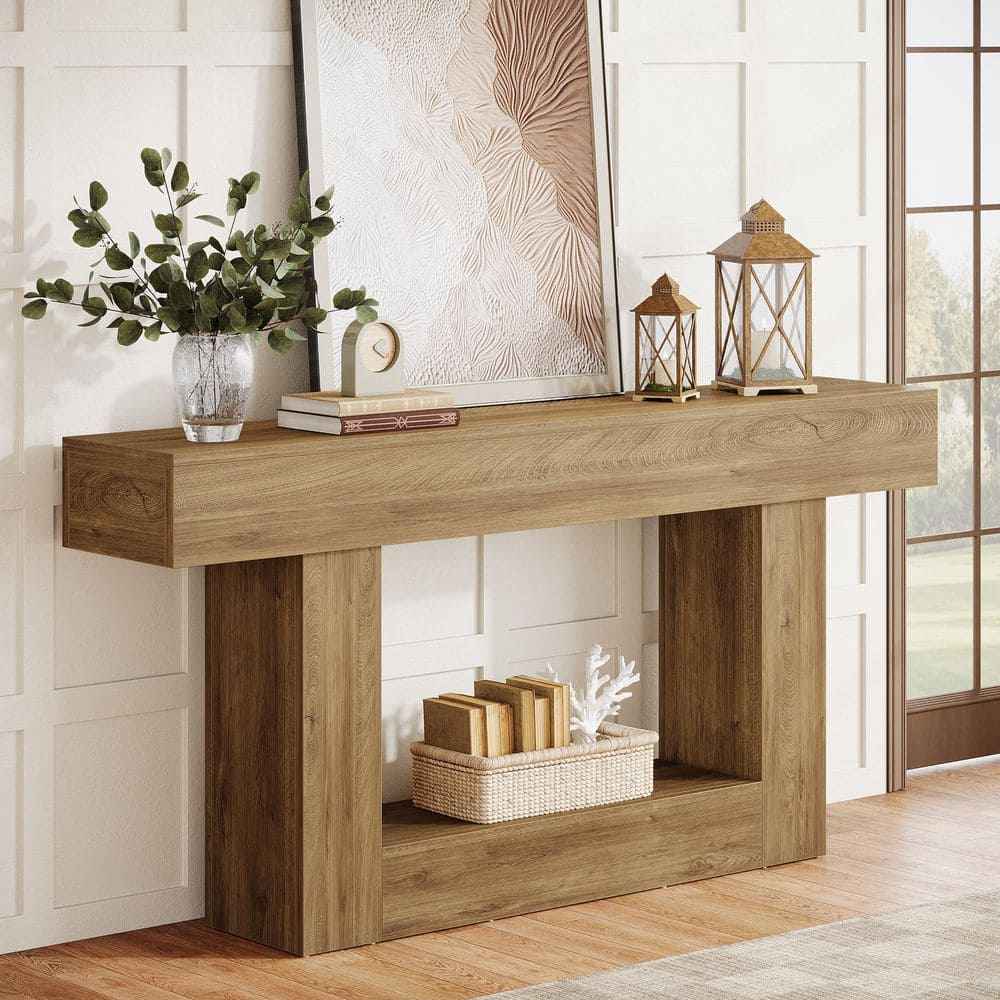 BYBLIGHT Turrella 63 in, Light Brown Rectangle MDF Console Table with ...