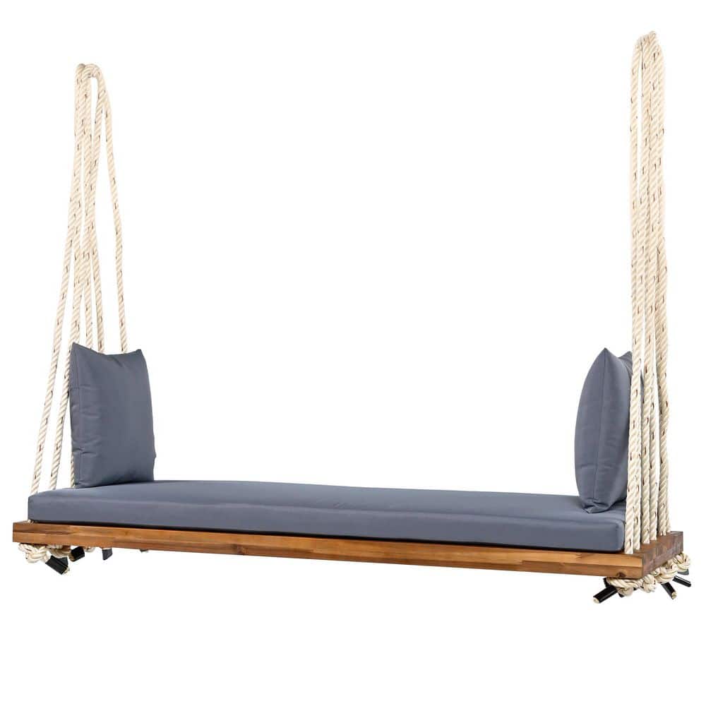 Patio Wooden Swing Chair, Hanging Porch Swing Bench with Cushion and ...