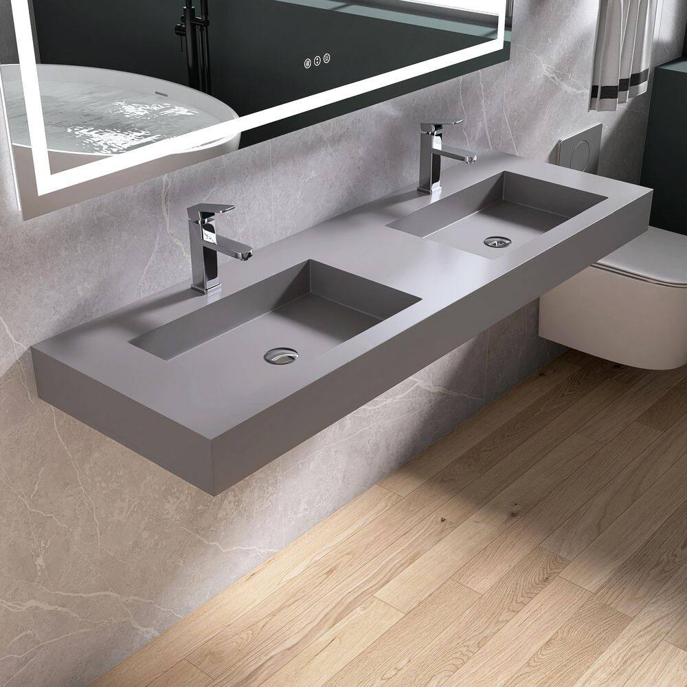 MEDUNJESS 59 in. W x 19 in. D x 4 in. H Solid Surface Bathroom Double ...