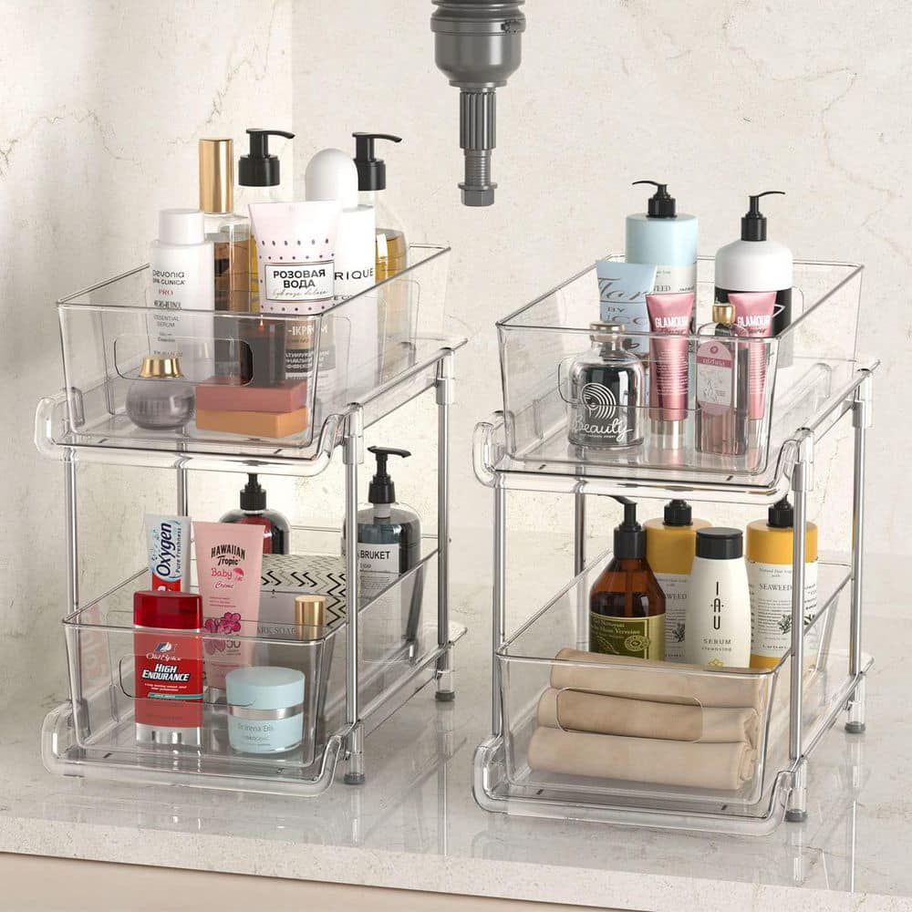 Wudkey 2-Pack 2-Tier Clear Pantry Organizer with Dividers, Under Sink ...