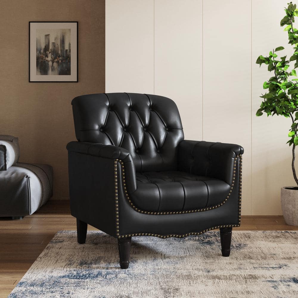 Uixe Mid-Century Black Faux Leather Button Tufted Accent Arm Chair with ...
