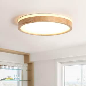 Y'INSP Luxa 15.7 in. Natural Wood Farmhouse Wooden Round Dimmable LED ...