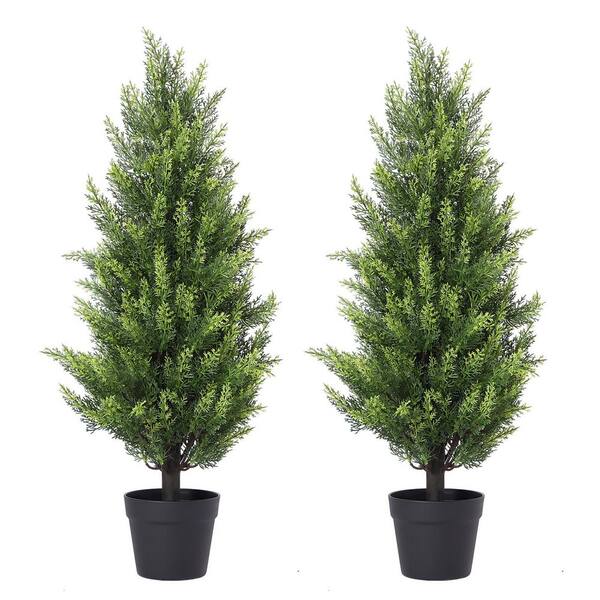 2 Piece 3 ft. Artificial Cedar Tree in Pot, for Outdoors Potted Fake ...