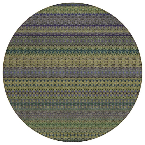 HomeRoots Olive Green 8 ft. Round Woven Striped Polyester Round Indoor ...