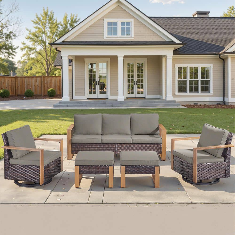 Bellefurn Kove Brown Wicker 5-Piece Patio Conversation Set Outdoor ...