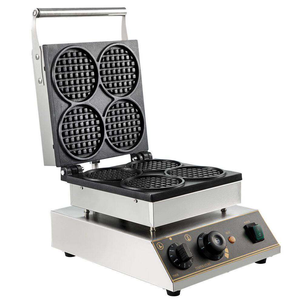 VEVOR 1750-Watt Commercial Round Waffle Maker 4-Waffle Stainless Steel ...