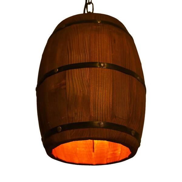 OUKANING 1-Light Brown Retro Cage Wood Barrel Pendant Light with Wood ...