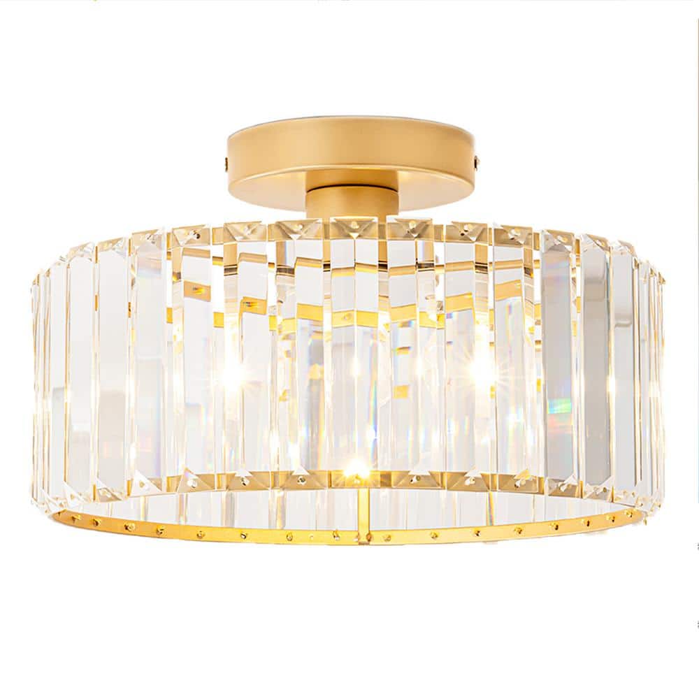 Sefinn Four 12 in. 1-Light Gold Semi Flush Mount Ceiling Light Crystal ...