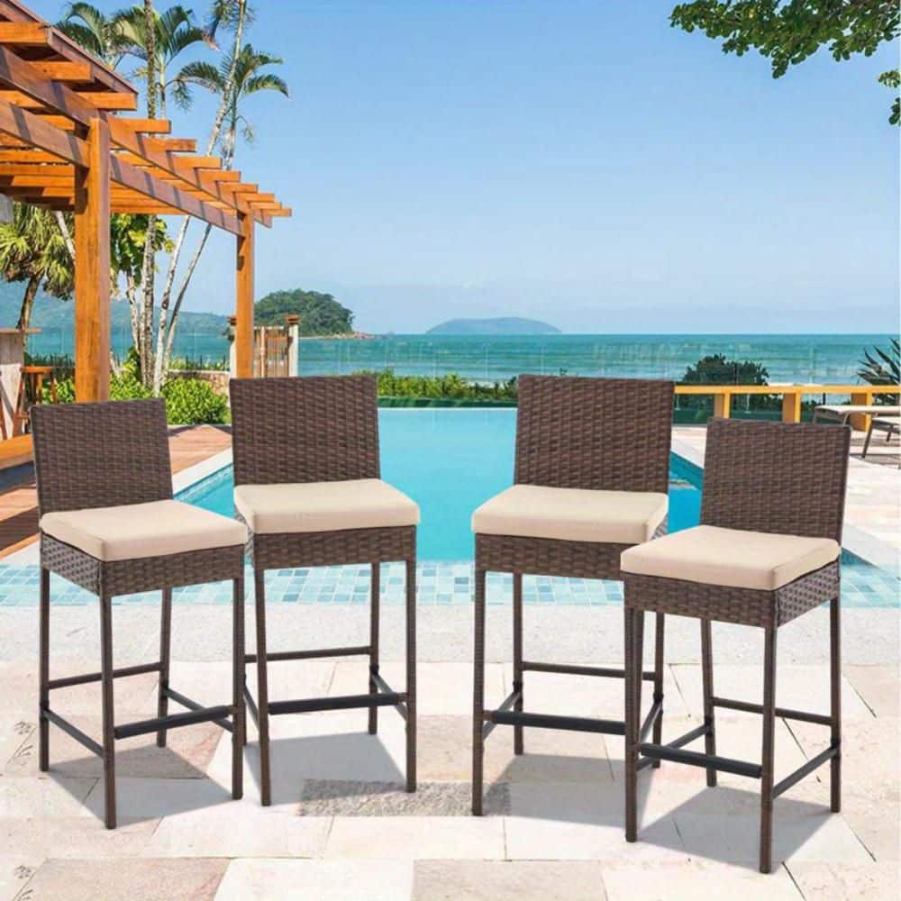 HOMMOW Set of 2 Wicker Outdoor Bar Stools with Cushions, All-Weather ...