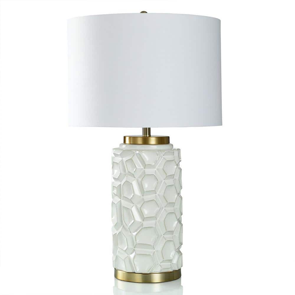 StyleCraft 32 in. White Glaze, Antique Brass, Hexagon Patterned Table ...