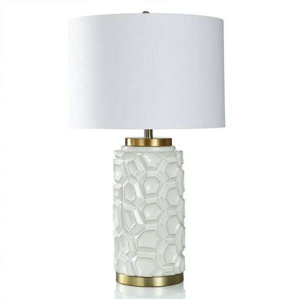 StyleCraft 32 in. White Glaze, Antique Brass, Hexagon Patterned Table ...