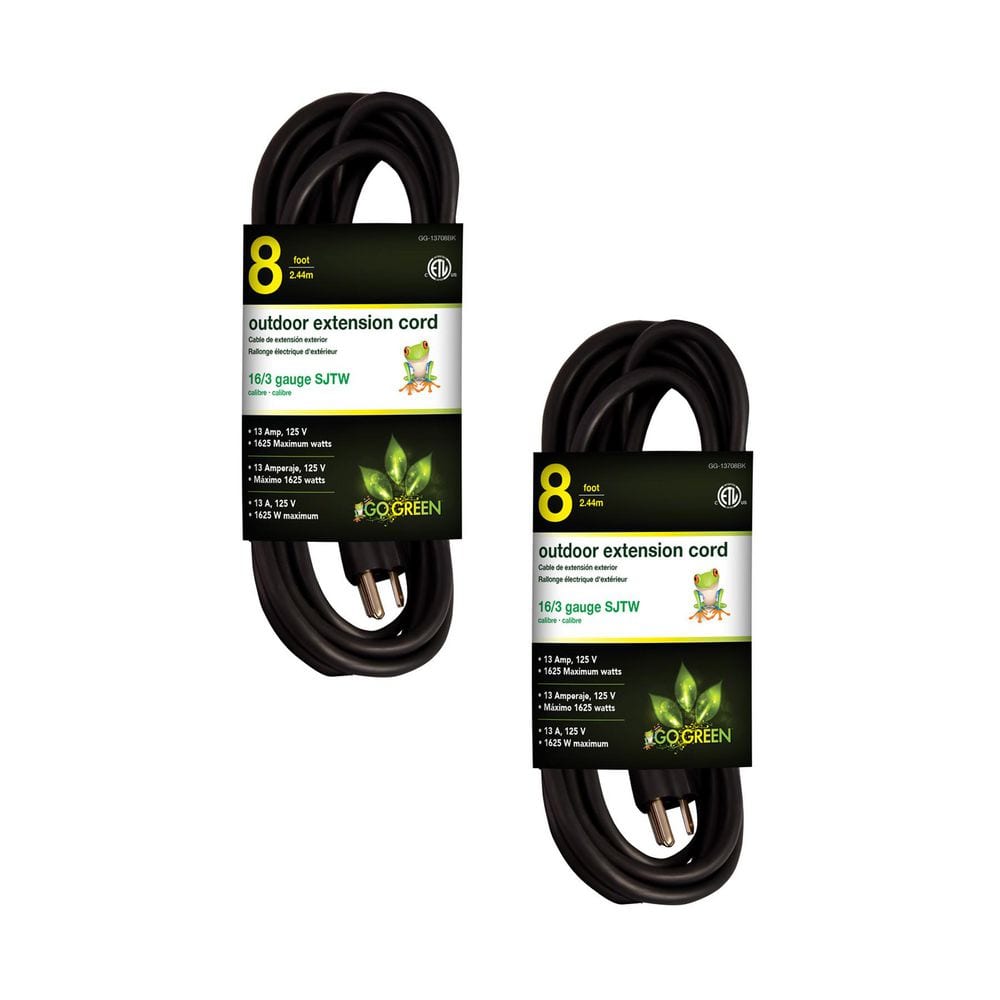 GoGreen Power 8 ft. 16/3 Indoor Heavy Duty Extension Cord Black (2-Pack ...