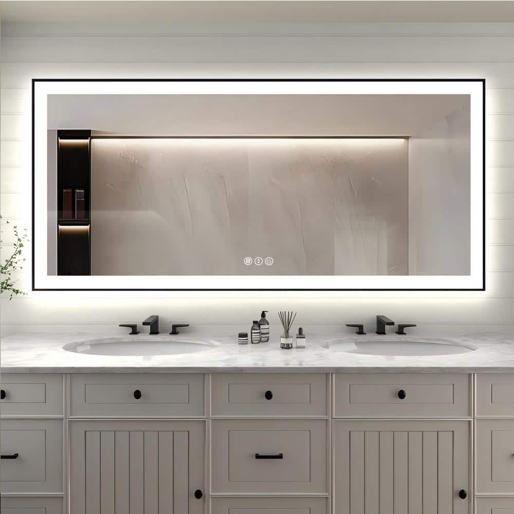 UPIKER Aura 77 in. W x 36 in. H Rectangular Frameless Anti-Fog Ceiling Wall Mount Bathroom ...