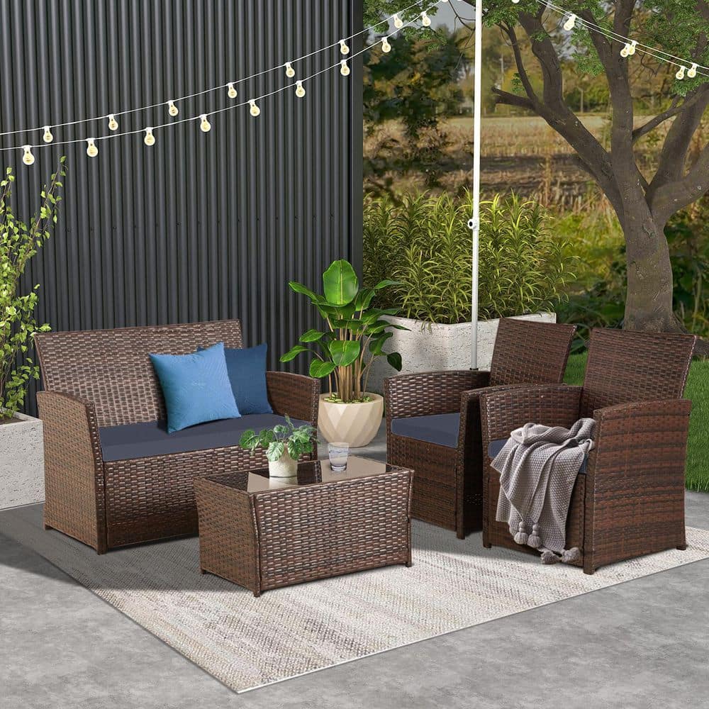 JUSKYS New Mixed-Brown Wicker 4-Piece Patio Furniture Conversation Set ...