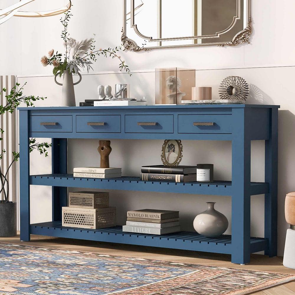 Polibi 62.2 in. Navy Blue Rectangle Wood Console Table with 4 Drawers ...