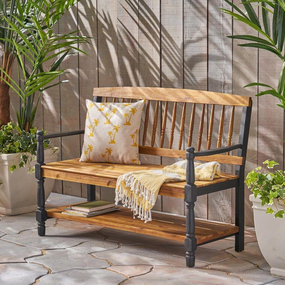 2-Person Acacia Wood Outdoor Settee Bench with Back, Storage Shelf ...