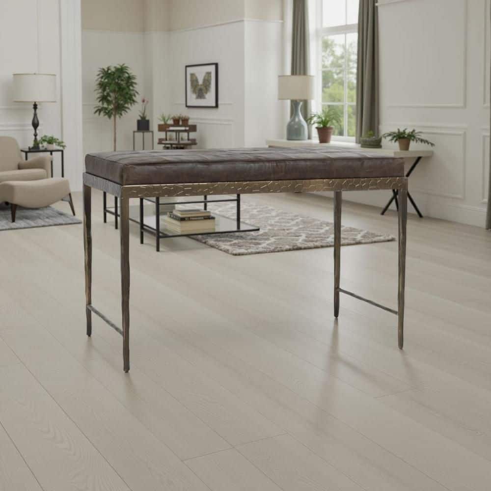 Benjara Jora Cocoa Brown and Dark Bronze Leather Rectangle Accent Ottoman BM331919 - The Home Depot