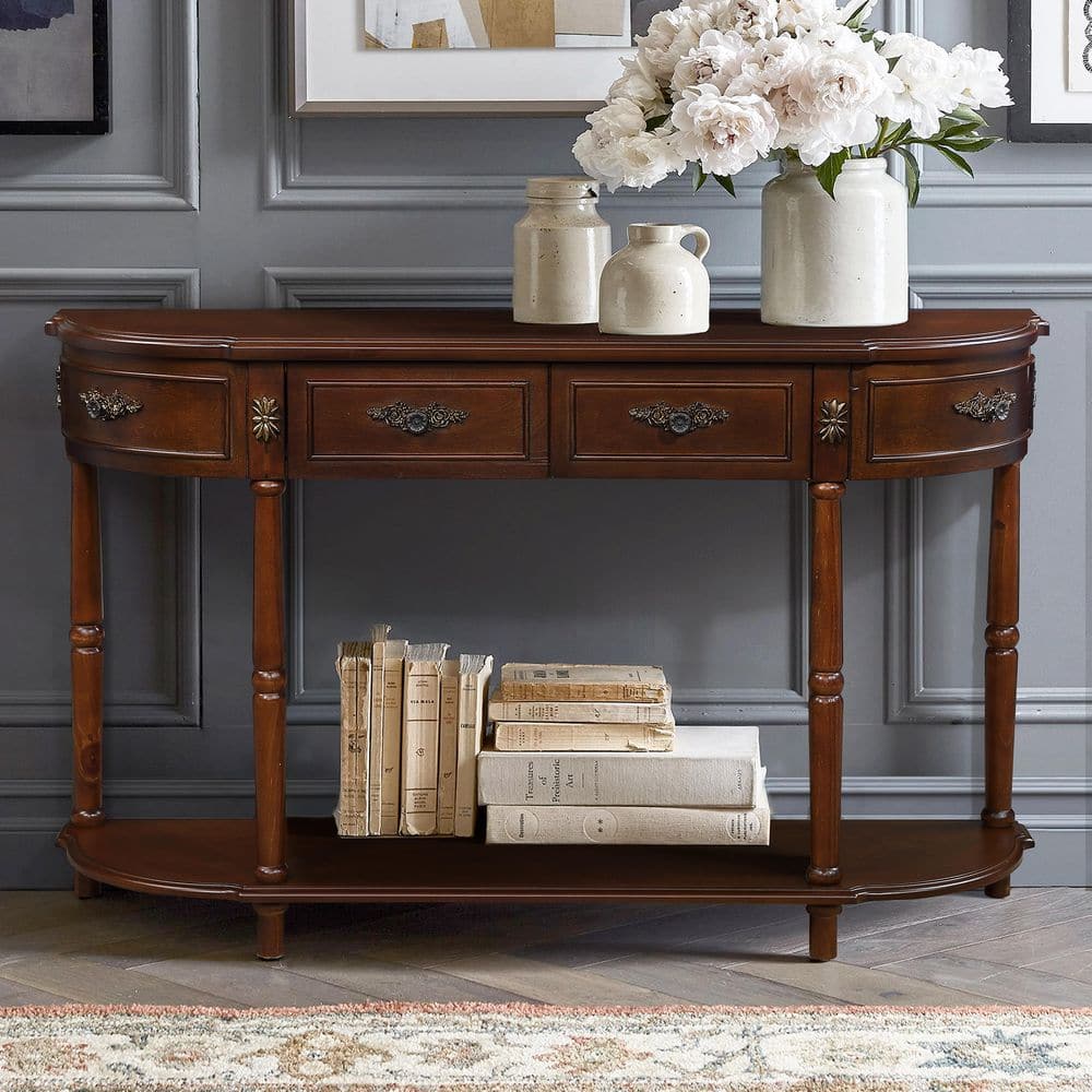 Noble House Ernestine 52 in. Cherry Half-Moon Wood Console Table with ...